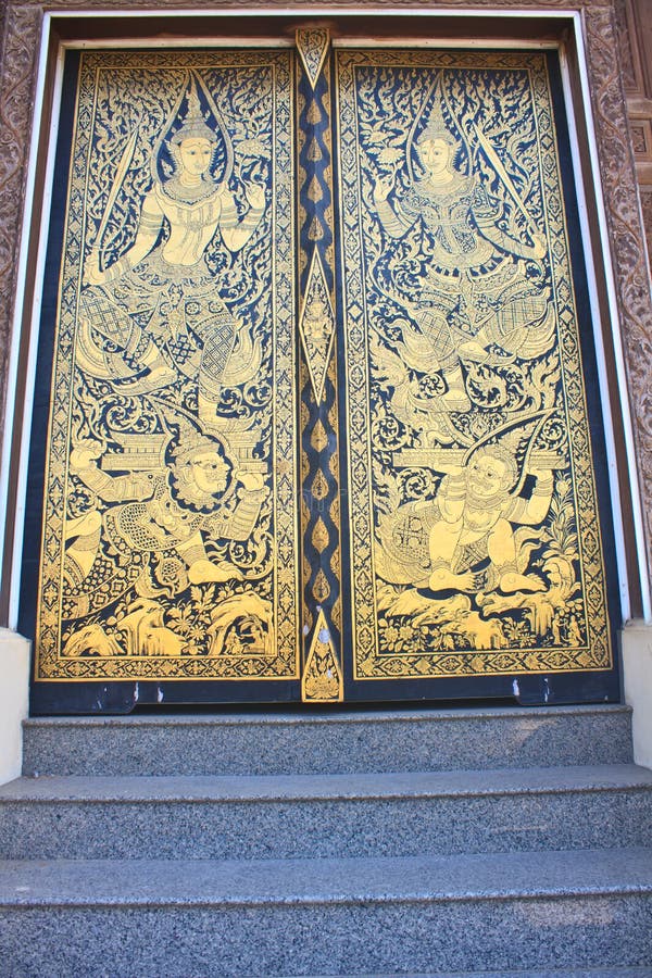 Traditional Thai Style Art Gold Painting Pattern on the Door Stock ...