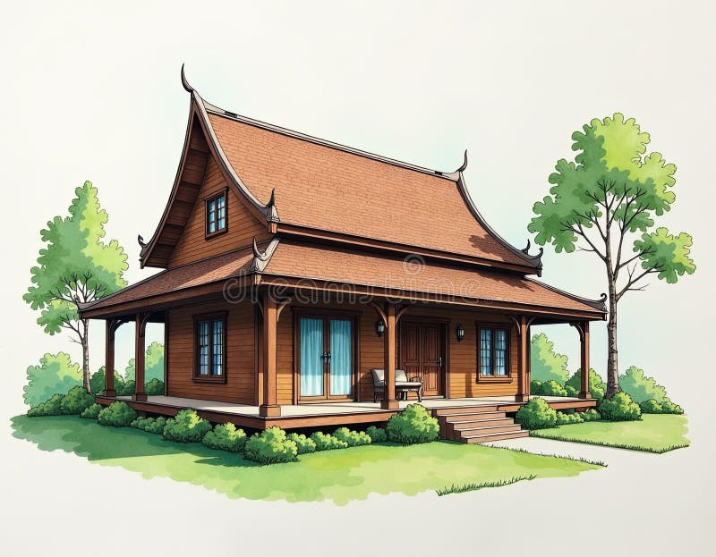 Traditional Thai Style House Architectural Rendering Stock Illustration ...