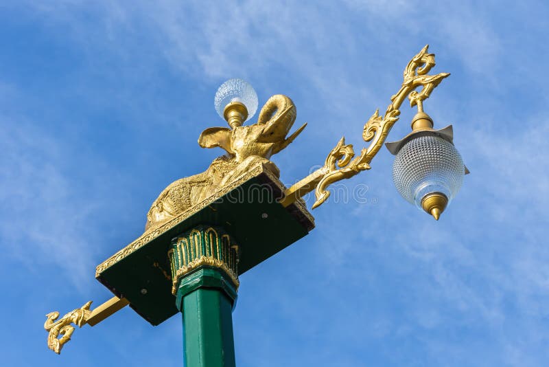 Traditional Thai Style Light Pole with Elephant Statue on Blue S Stock ...