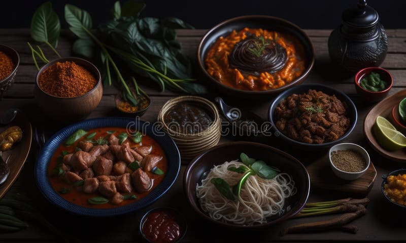 Traditional Thailand Dishes on the Wooden Table Stock Illustration ...
