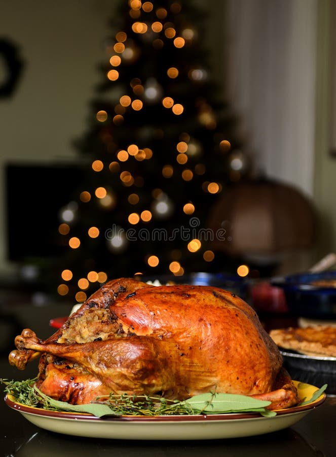 Traditional Thanksgiving Turkey Dinner. Above View Top Border on a Dark ...