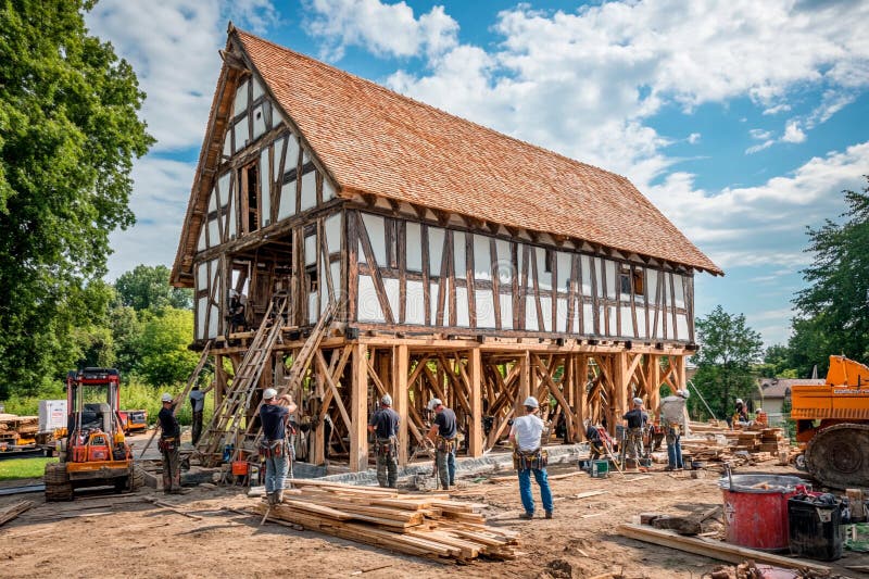 Traditional Timber Frame Construction in Progress Under a Bright Sky ...