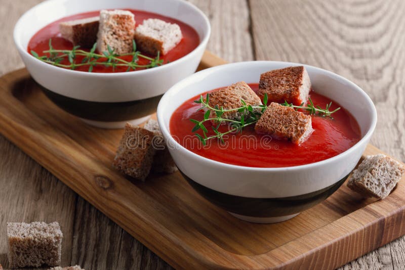 Tomato Soup with Rye Bread Croutons and Thyme Stock Image - Image of ...