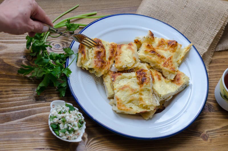 Traditional Turkish Borek on Wooden Table Stock Photo - Image of cheese ...