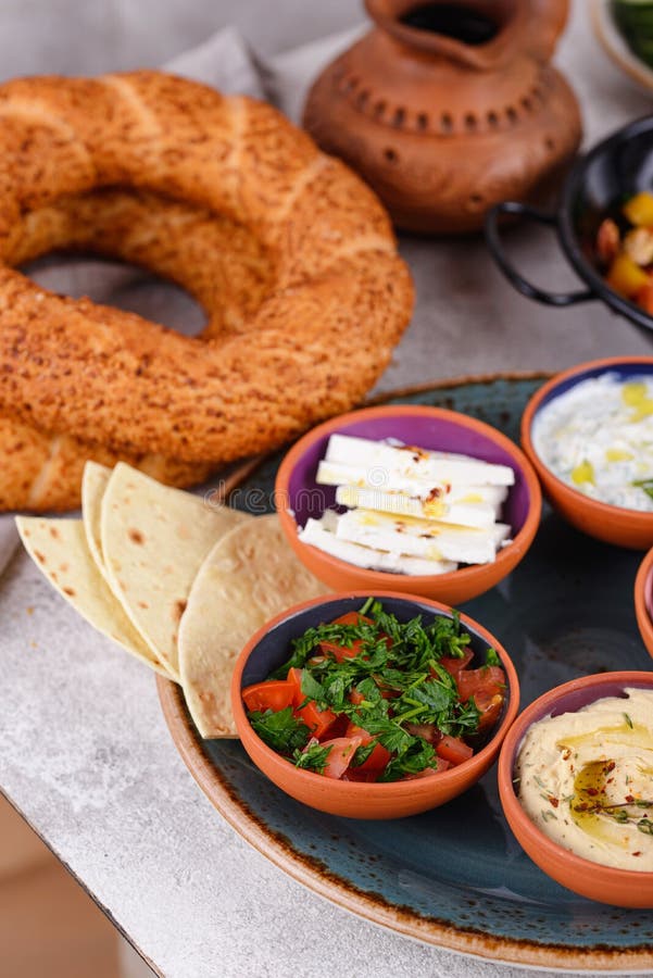 Traditional Turkish Breakfast with Meze and Simit Stock Image - Image ...