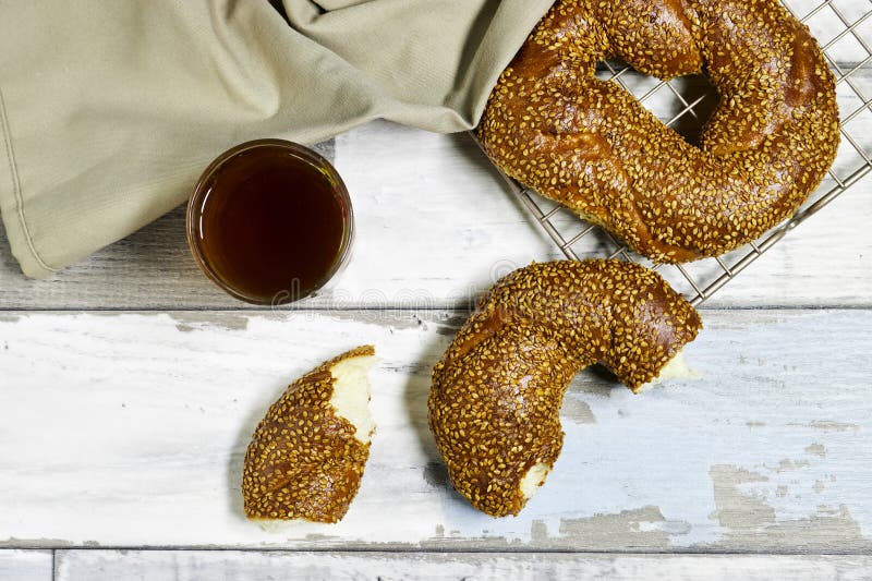 Traditional Turkish Breakfast with Simit Bagels with Tea Stock Image ...