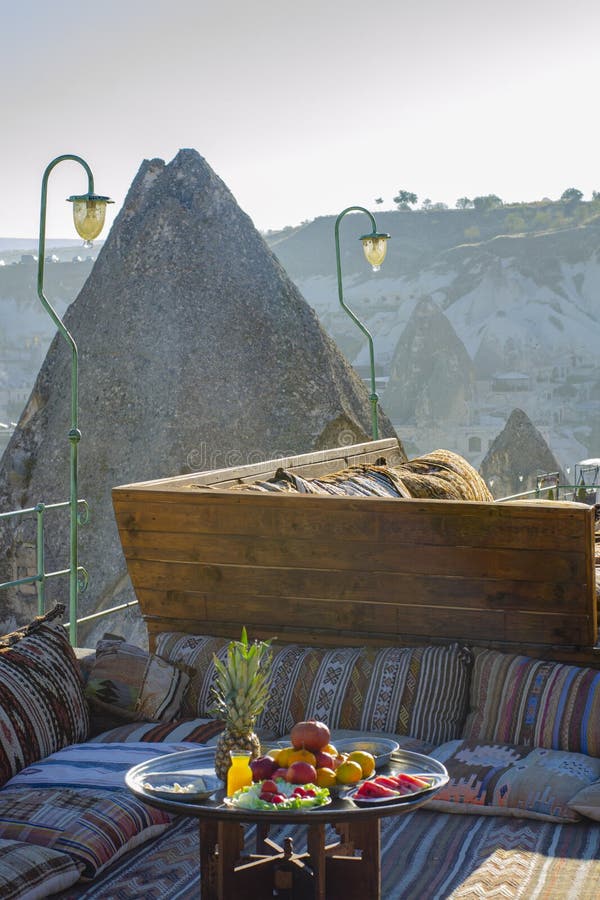 Traditional Turkish Breakfast with a View of Cappadocia. Goreme, Turkey ...