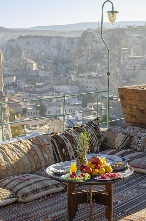 Traditional Turkish Breakfast with a View of Cappadocia. Goreme, Turkey ...
