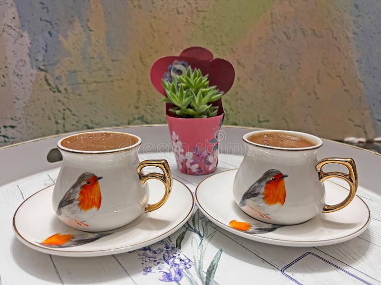 Traditional Turkish Coffee in Bird Patterned Cups Stock Photo - Image ...