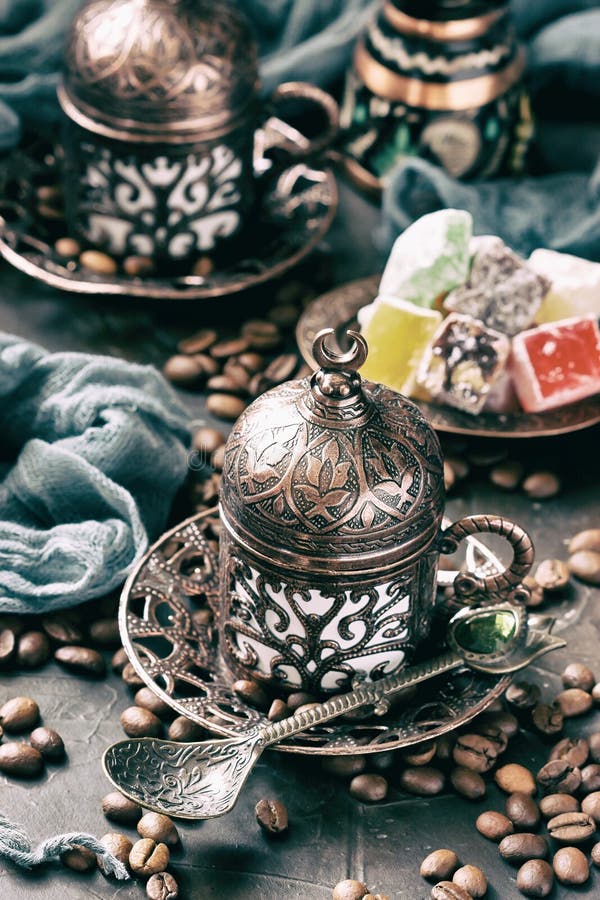 Traditional Turkish Coffee and Turkish Delight on Dark Background Stock ...