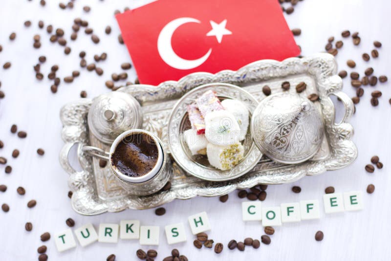 Traditional Turkish Coffee and Sweets in Silverware with Flag of Turkey ...