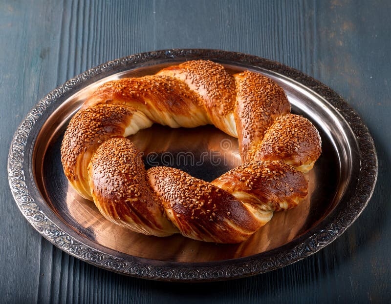A Traditional Turkish Crescent-shaped Bread (simit) Placed on a Metal ...