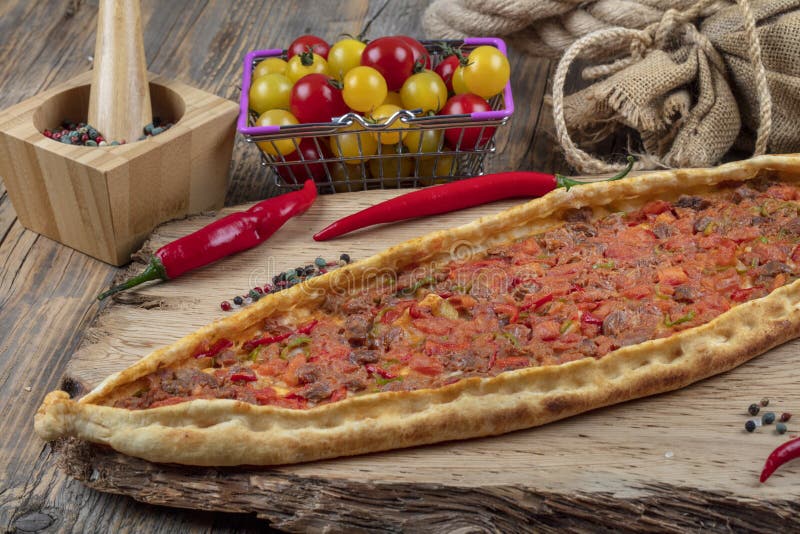 Traditional Turkish Dish Pita Beef - Kusbasili Pide. Turkish Pide with ...