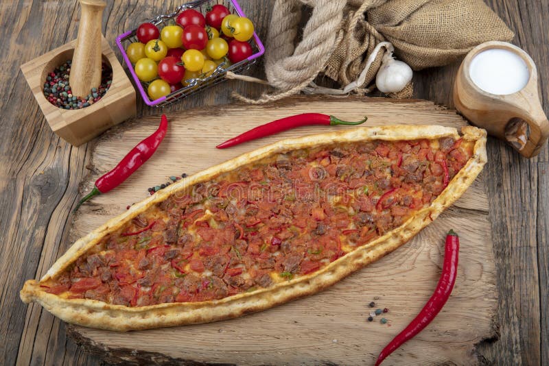 Traditional Turkish Dish Pita Beef - Kusbasili Pide. Turkish Pide with ...