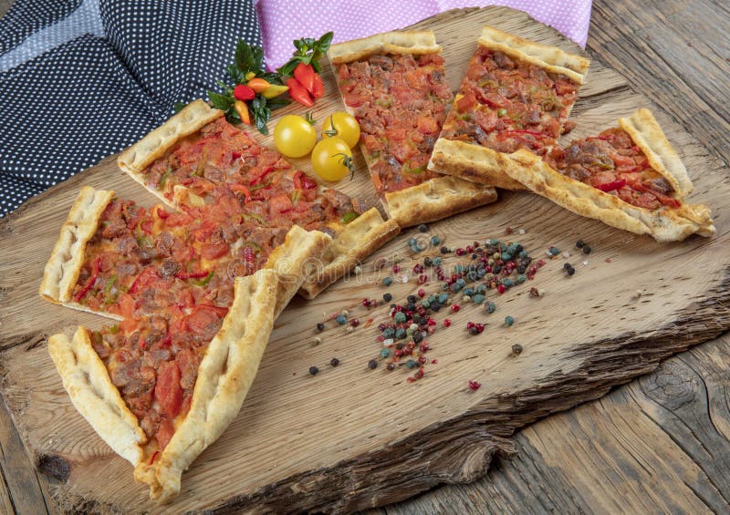 Traditional Turkish Dish Pita Beef - Kusbasili Pide. Turkish Pide with ...