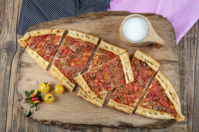 Traditional Turkish Dish Pita Beef - Kusbasili Pide. Turkish Pide with ...