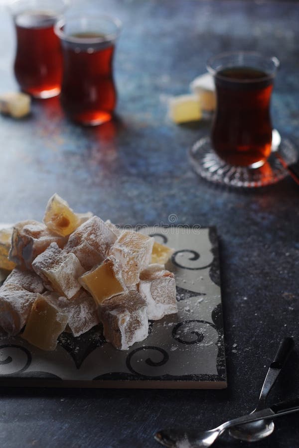 Traditional Turkish Lokum with Tea Stock Image - Image of lebanon ...
