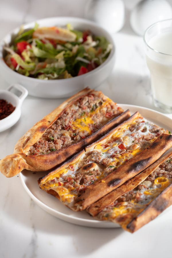 Traditional Turkish Pide with Meat and Egg Stock Image - Image of ...