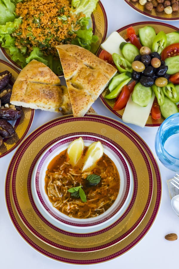 Traditional Turkish Ramadan-Dinner `Iftar` Meal with Soup and Ramadan ...