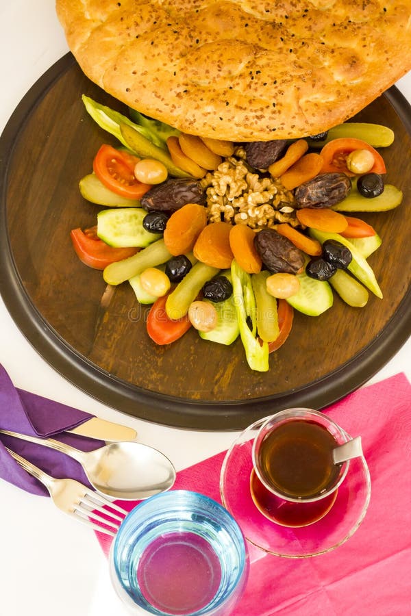 Traditional Turkish Ramadan Iftar Wooden Plate with Ramadan Bread and ...