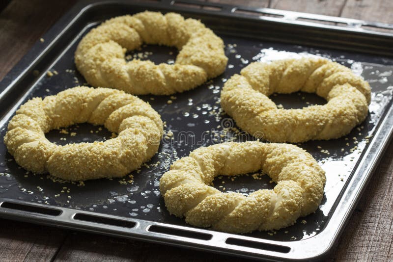 Traditional Turkish Sesame Simits Prepared for Baking. Rustic Style ...