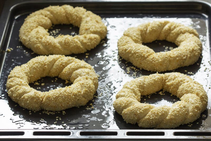 Traditional Turkish Sesame Simits Prepared for Baking. Rustic Style ...