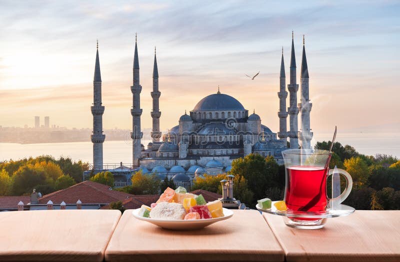 Traditional Turkish Tea in Front of the Blue Mosque, Istanbul Stock ...