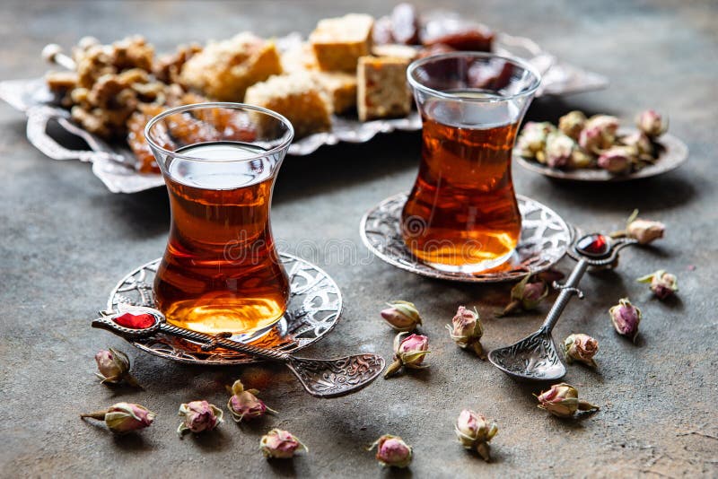 Traditional Turkish Tea in Traditional Glass Cups on Dark Table Stock ...