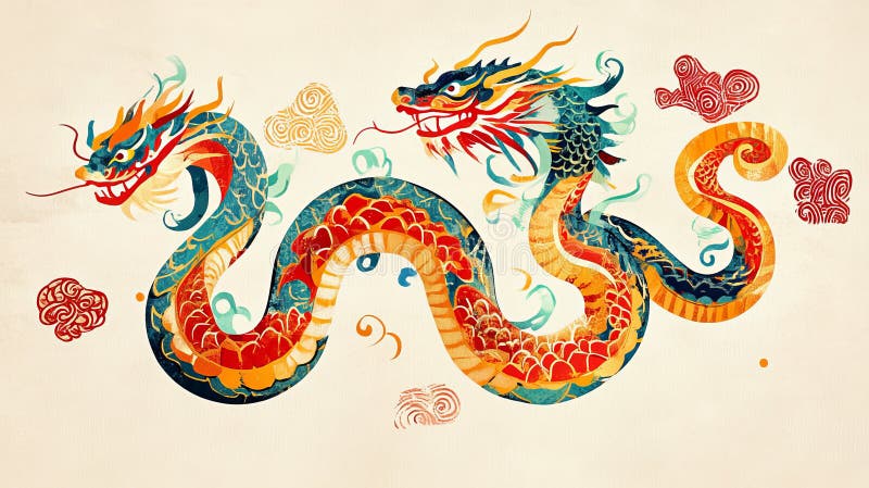 Traditional Twin Dragon Illustration with Bold Colors and Patterns ...