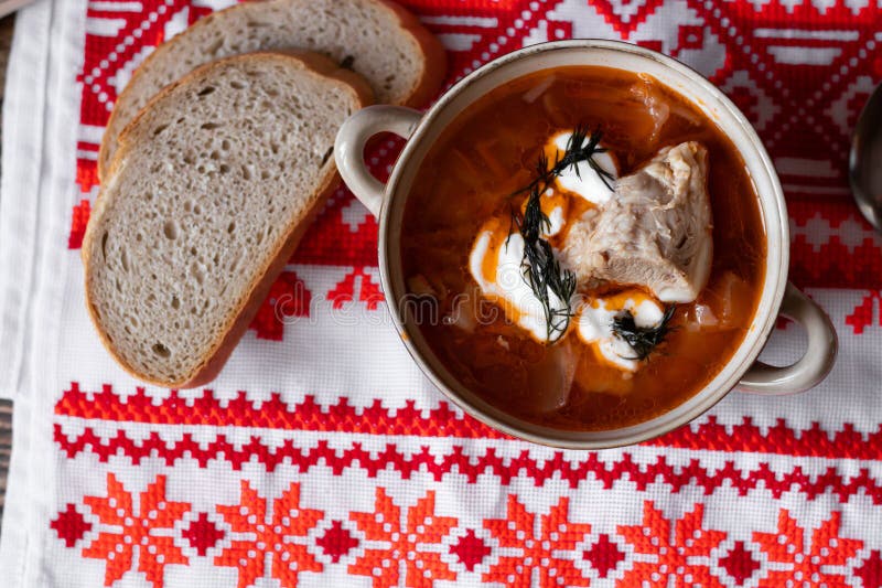 Traditional Ukrainian Borscht with Sour Cream and Bread. Stock Photo ...