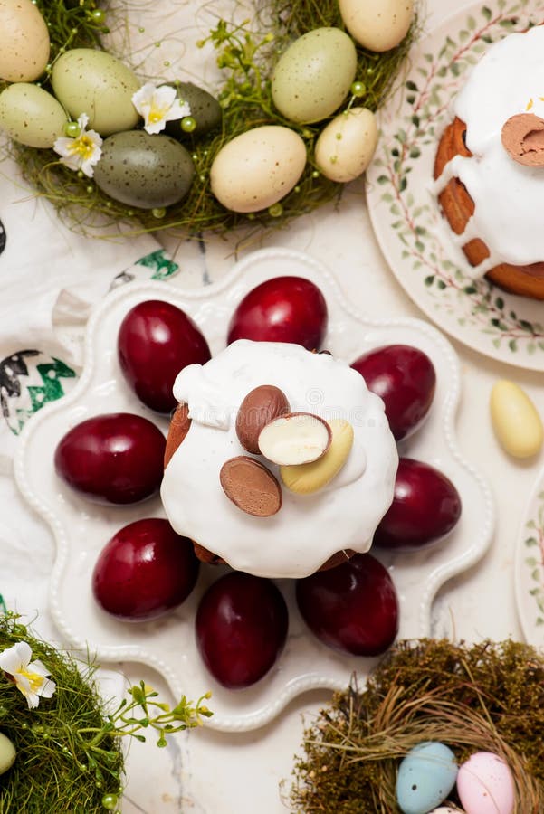 Traditional Ukrainian Easter Pastry Paska and Painted Eggs Stock Photo ...