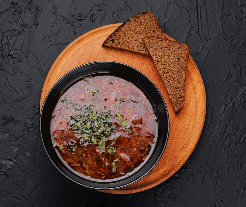 Traditional Ukrainian Red Soup Borsch with Slices of Bread Stock Image ...
