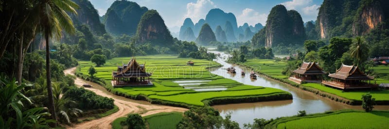Traditional Vietnamese Rice Fields with Dramatic Limestone Mountains ...