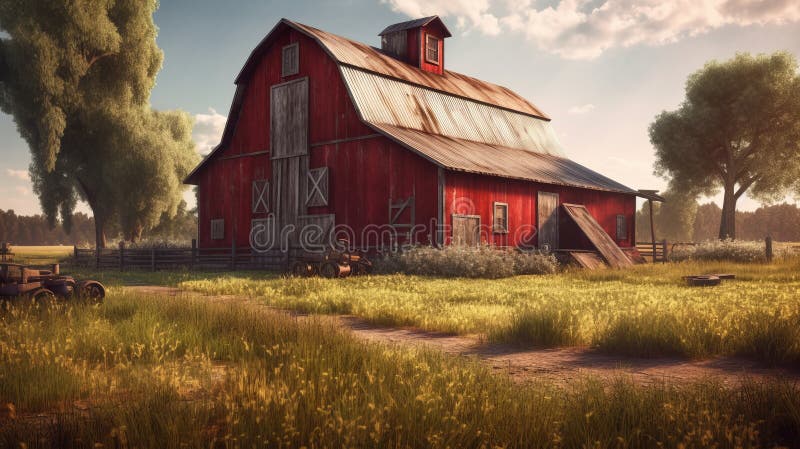 Traditional Vintage Red Farm Barn. Generative AI Stock Illustration ...