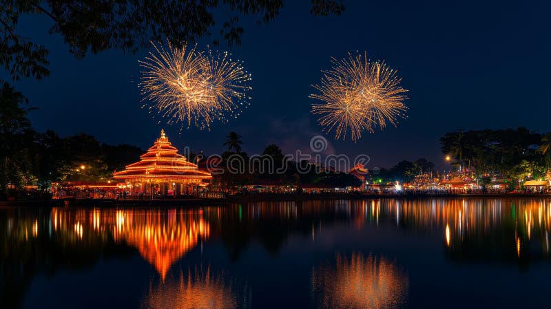 Traditional Vishu Celebration with Night Fireworks and Illuminated ...