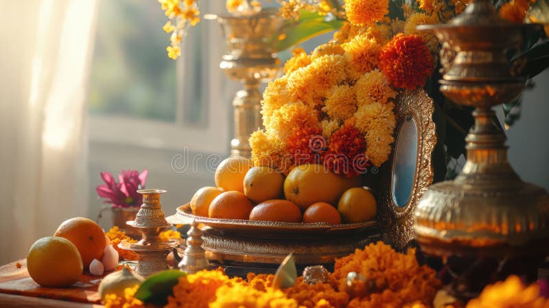 Traditional Vishu Kani Arrangement in Morning Sunlight Stock Image ...