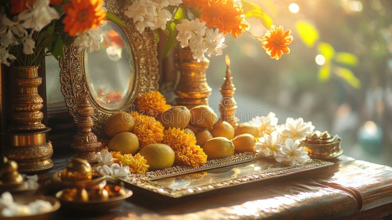 Traditional Vishu Kani Arrangement in Morning Sunlight Stock Photo ...