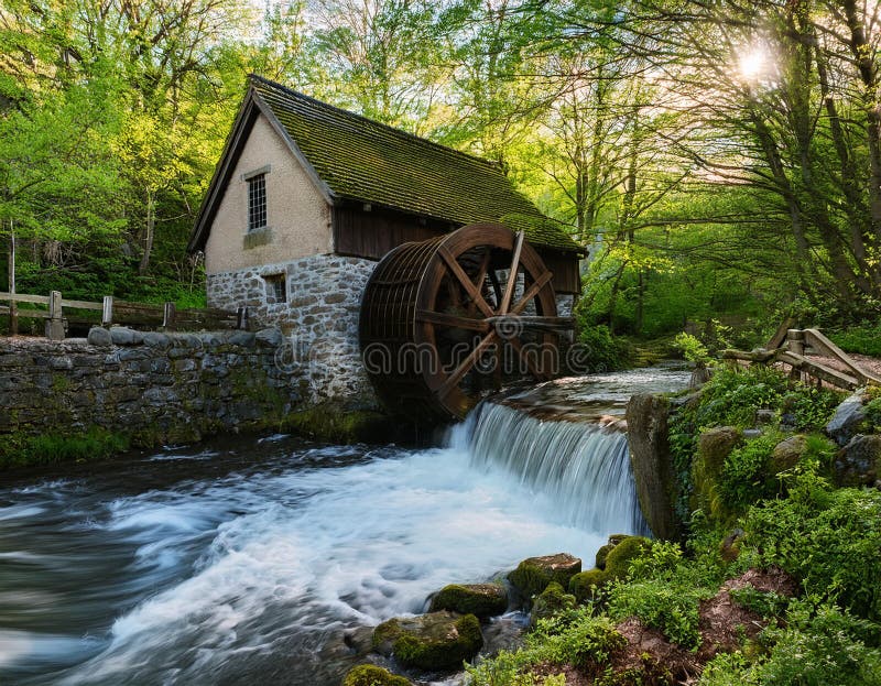 A Traditional Watermill beside a Flowing Stream, Surrounded by Dense ...