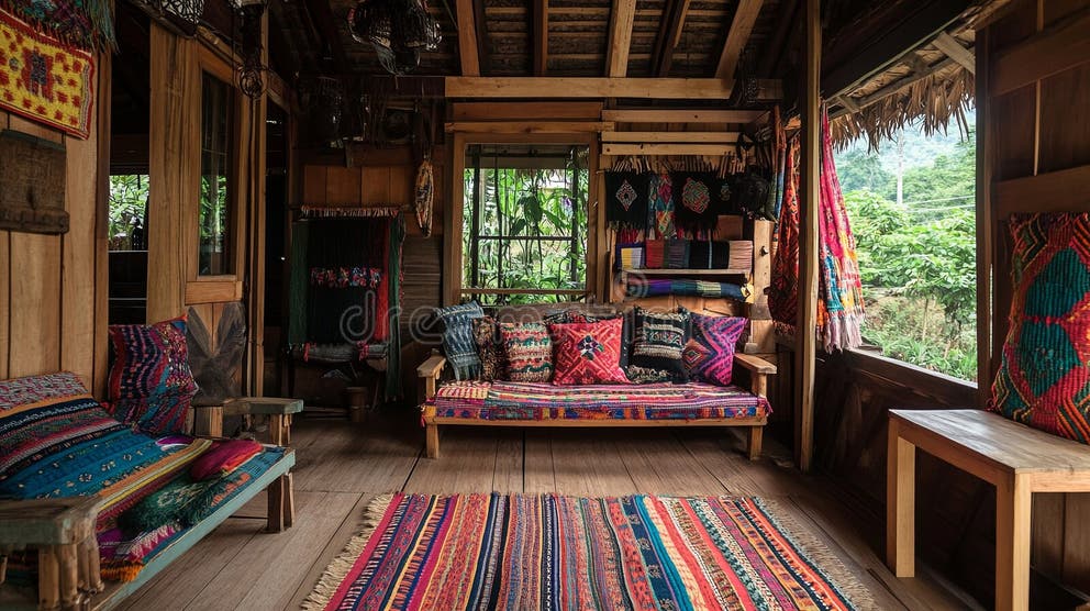 A Traditional Weaving Studio with Vibrant Textiles and Intricate Stock ...