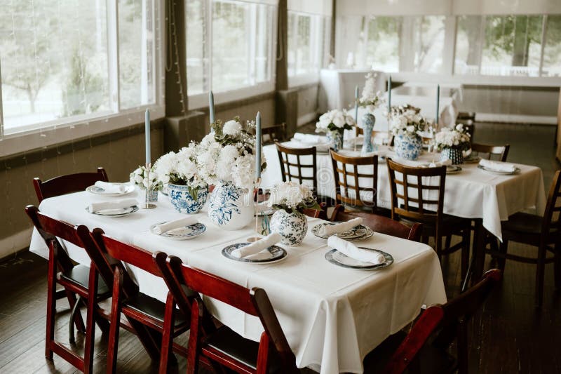 Traditional Wedding Reception with a Beautiful Blue China Dinnerware ...