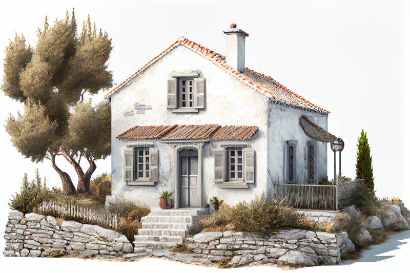 Traditional White Greek House Facade Stock Illustration - Illustration ...