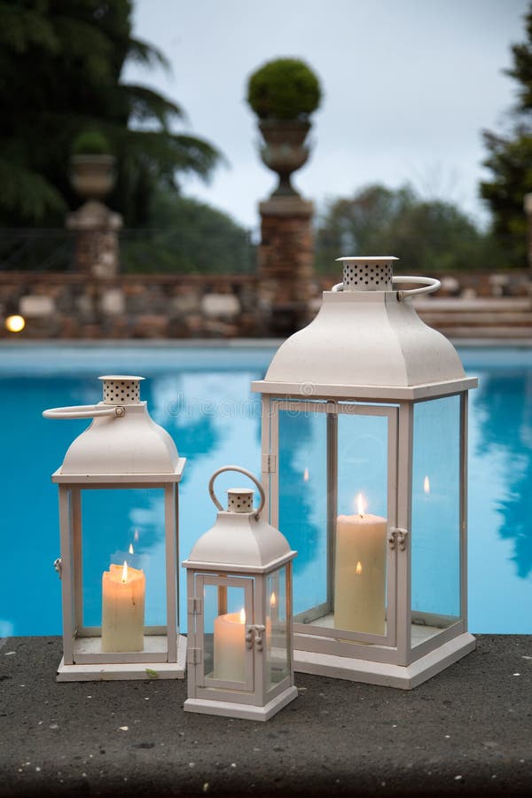 Traditional White Lanterns in a Garden with Pool Stock Photo - Image of ...