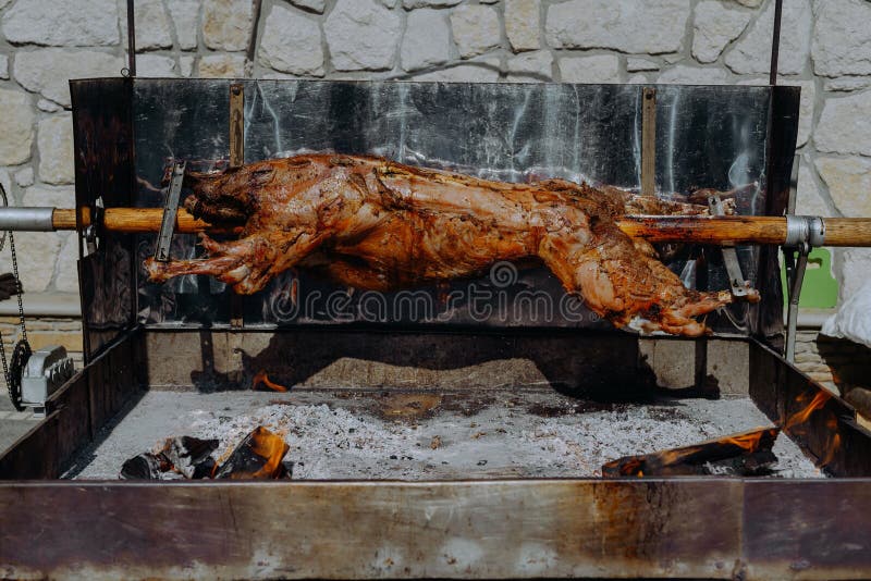 Traditional Whole Pig Roasting on a Spit in Outdoor Setting Stock Image ...