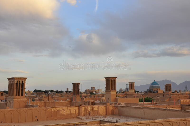 Traditional Windcathers in Yazd Stock Photo - Image of cloud, roof ...