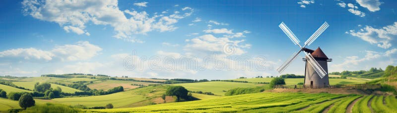 Traditional Windmill Against Backdrop of Green Fields. Panoramic Banner ...