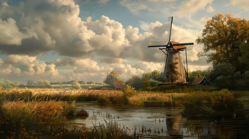 Traditional Windmill in a Dutch Landscape Stock Illustration ...