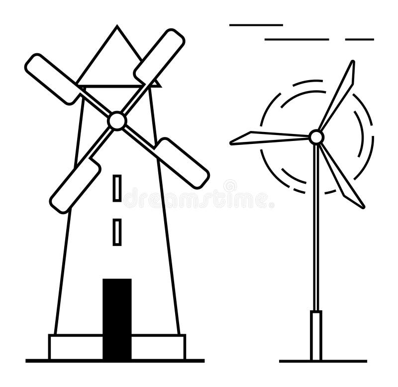 Traditional Windmill and Modern Wind Turbine Side by Side Showing ...