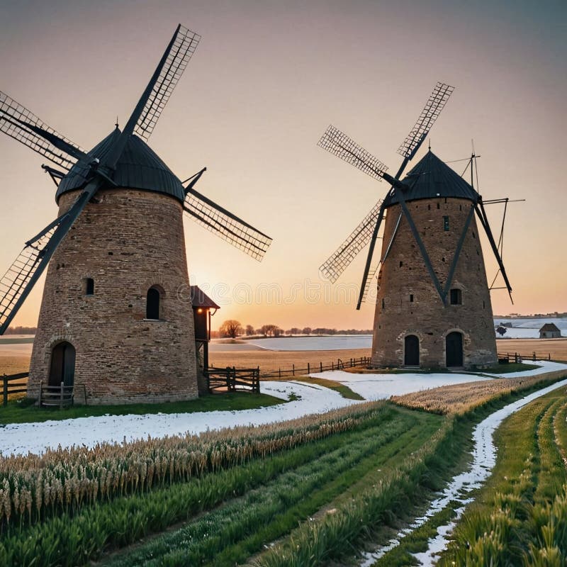 Traditional Windmill or Wind Engine in Cornfield and Rice Field, Brick ...