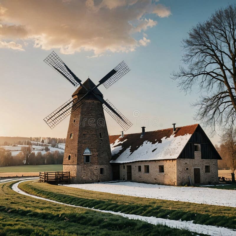 Traditional Windmill or Wind Engine in Cornfield and Rice Field, Brick ...