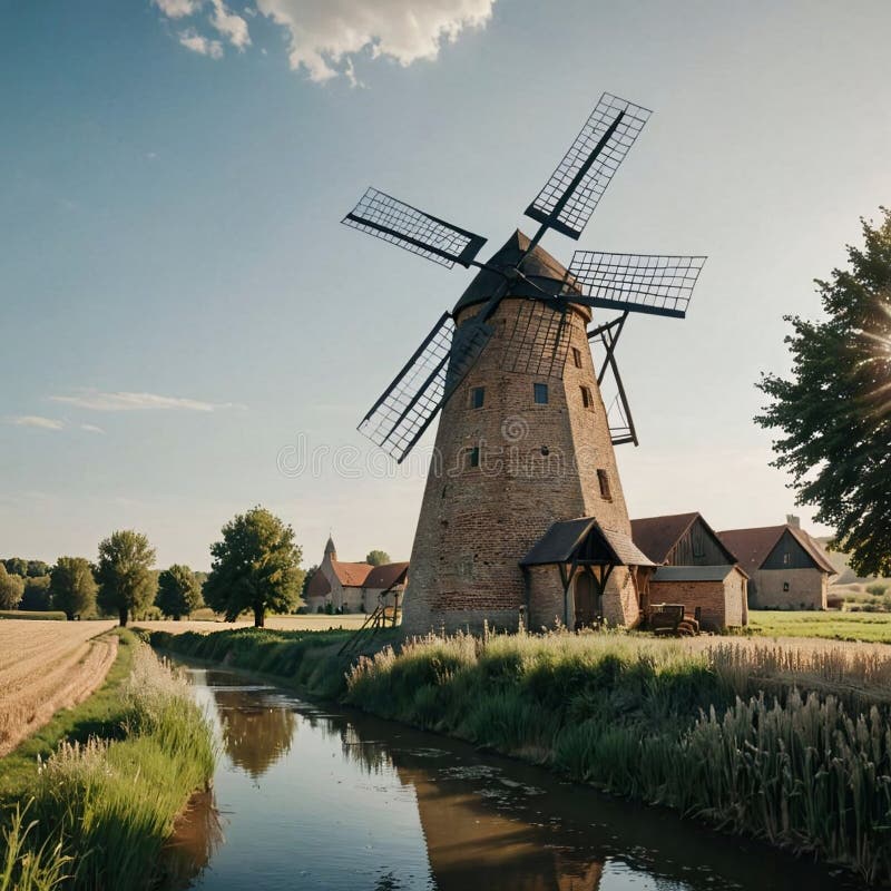 Traditional Windmill or Wind Engine in Cornfield and Rice Field, Brick ...
